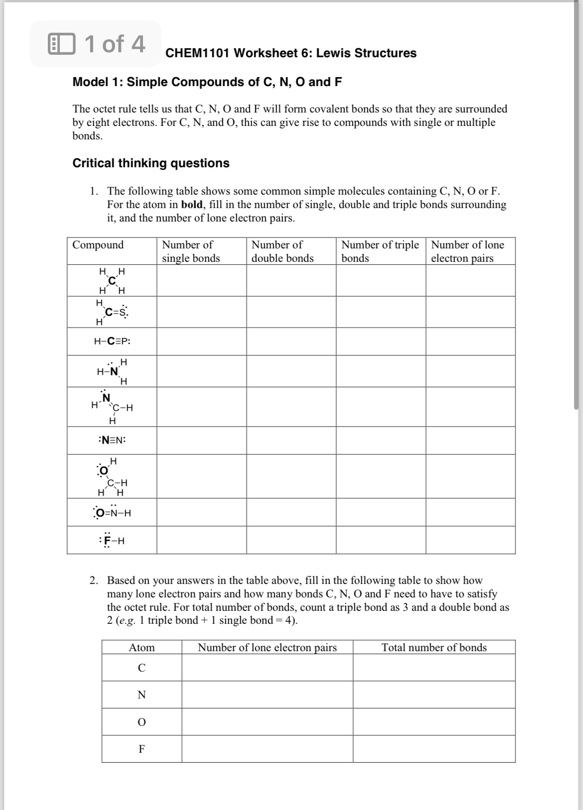 Solved 1 ﻿of 4CHEM1101 ﻿Worksheet 6: Lewis StructuresModel | Chegg.com