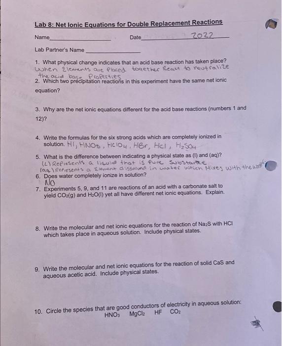 Solved Lab 8: Net lonic Equations for Double Replacement | Chegg.com