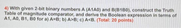Solved 4) With given 2-bit binary numbers A (A1A0) and | Chegg.com