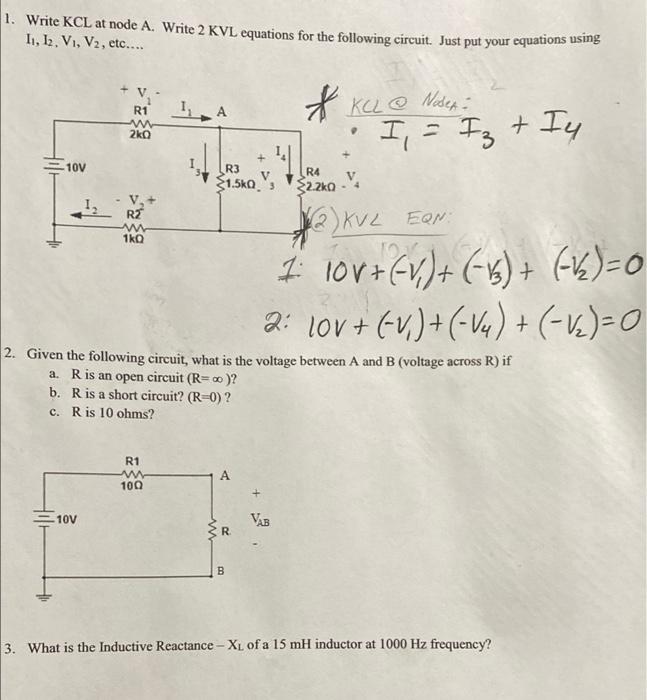 Solved Write KCL at node A. Write 2KVL equations for the | Chegg.com Solved Write KCL at node A. Write 2KVL equations for the | Chegg.com