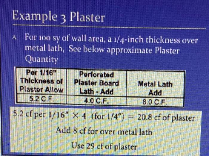 Solved Example 3 Plaster A. For 100 sy of wall area, a | Chegg.com