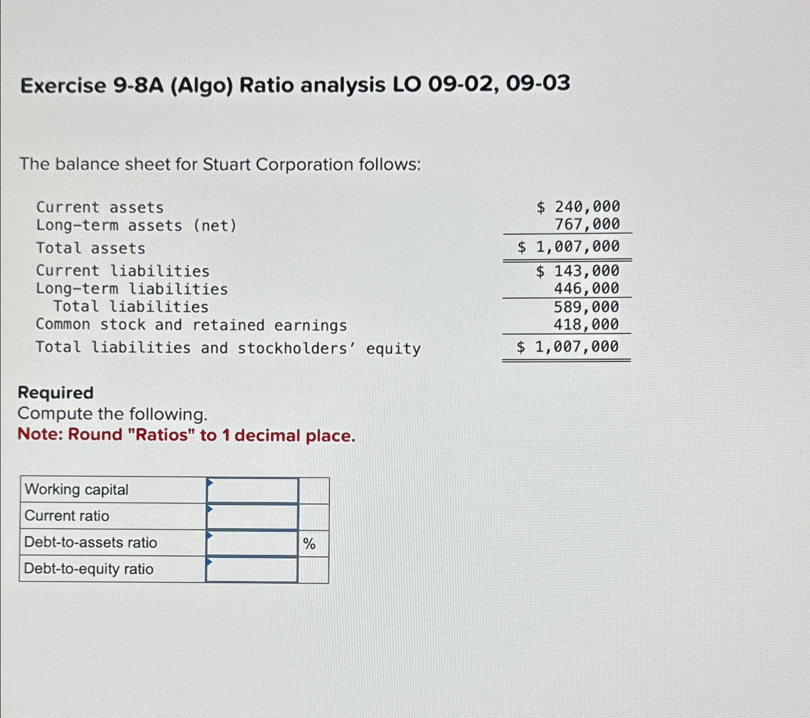Solved Exercise 9-8A (Algo) ﻿Ratio analysis LO | Chegg.com