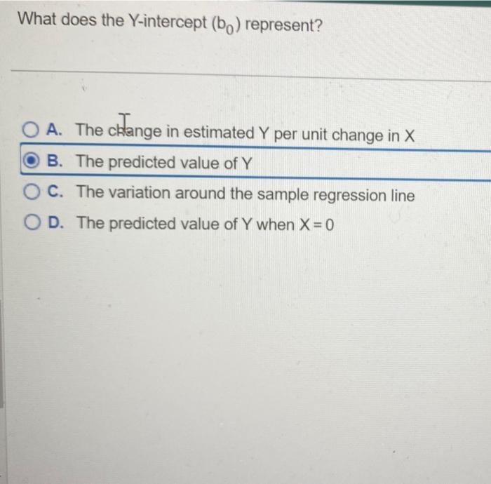 Solved What does the Y-intercept (b0) represent? A. The | Chegg.com