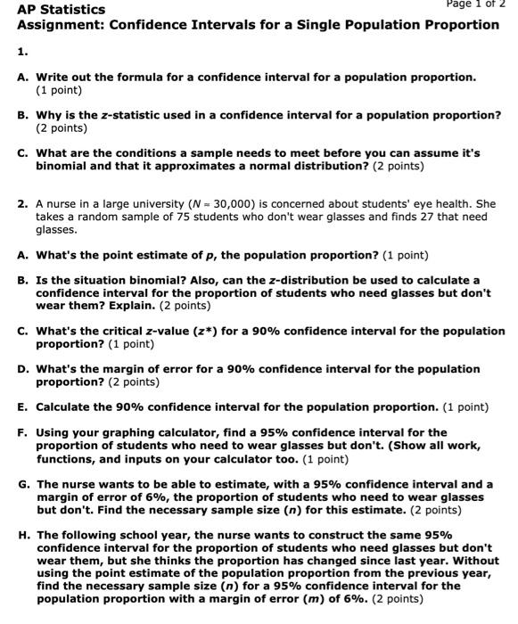 Solved AP Statistics Page 1 of 2 Assignment: Confidence | Chegg.com