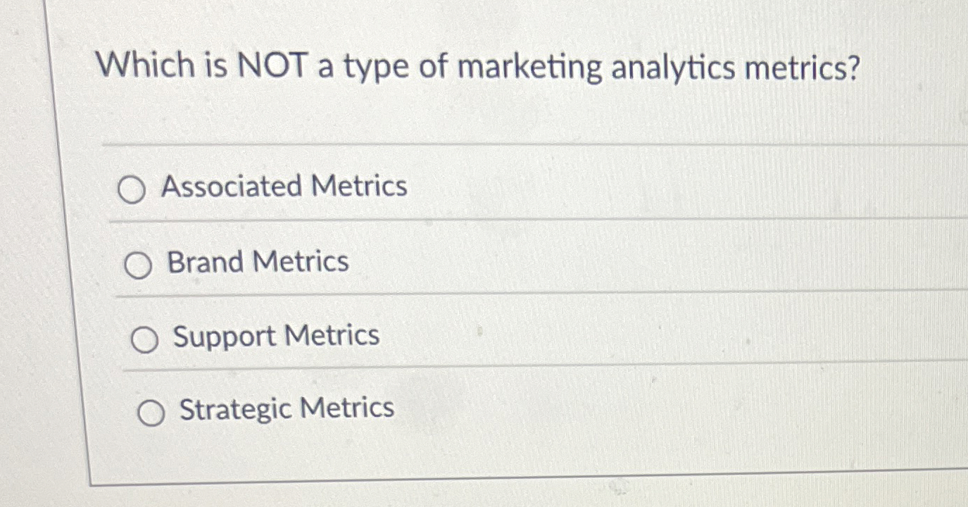 Solved Which is NOT a type of marketing analytics | Chegg.com