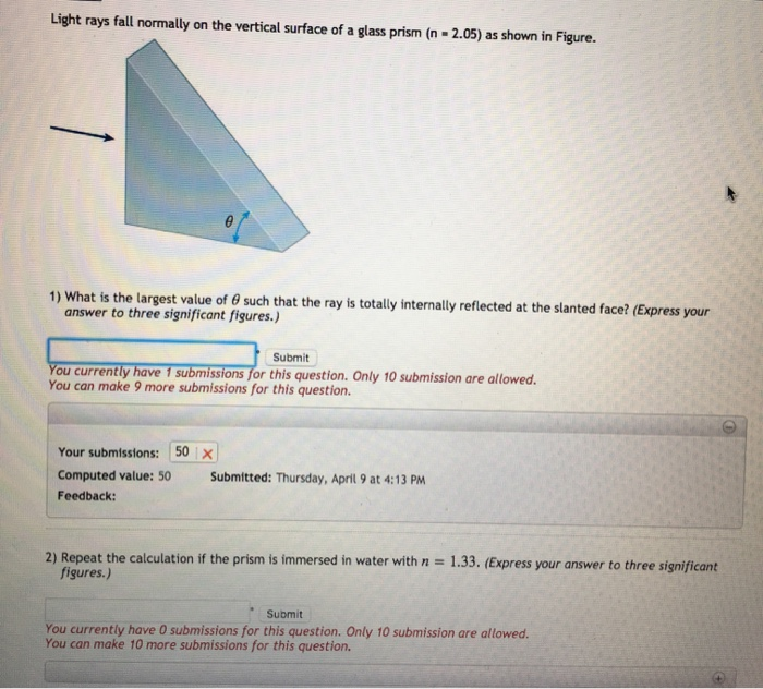 Solved Light rays fall normally on the vertical surface of a | Chegg.com