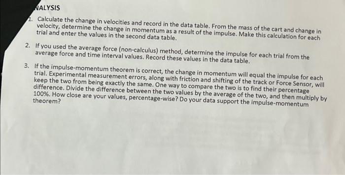 Solved DATA TABLE1. Calculate the change in velocities and | Chegg.com
