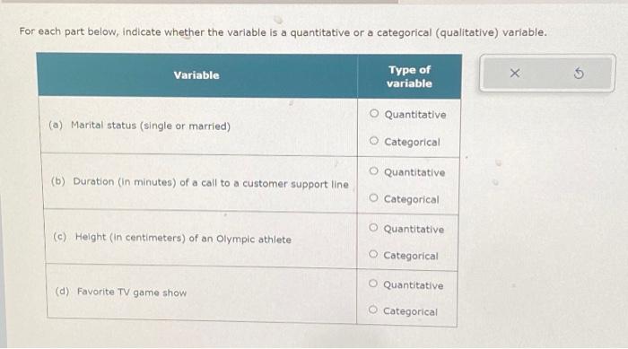 For each part below, indicate whether the variable is | Chegg.com