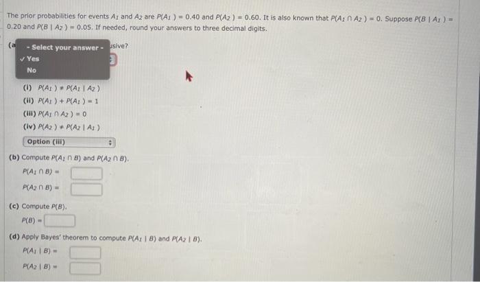 Solved The prior probabilities for events A1 and A2 are | Chegg.com