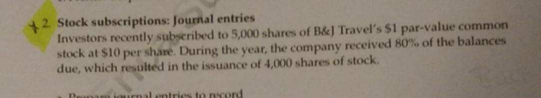 Solved +2. Stock subscriptions: Journal entries Investors | Chegg.com