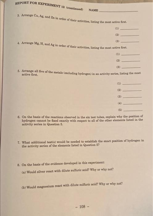Solved REPORT FOR EXPERIMENT 12 (continued) NAME 3. Arrange | Chegg.com