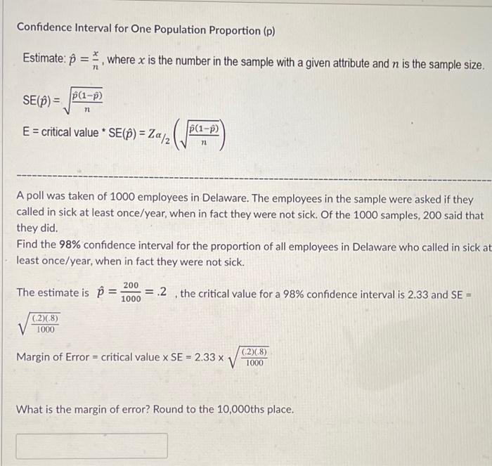 Solved Confidence Interval for One Population Proportion (p) | Chegg.com