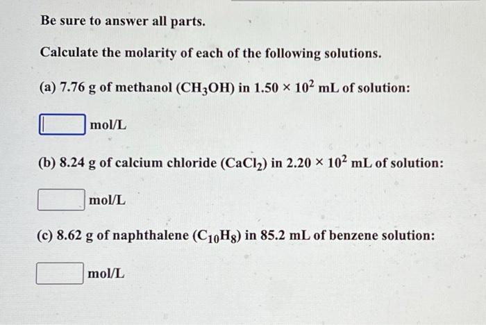 Solved Be sure to answer all parts. Calculate the molarity | Chegg.com