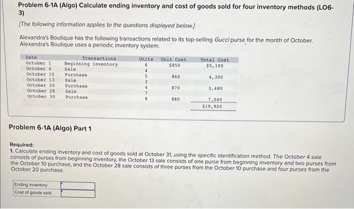 Solved Problem 6-1A (Algo) Calculate ending inventory and | Chegg.com