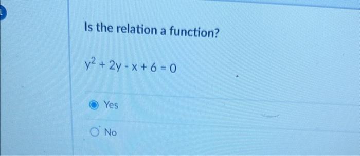 Solved Is the relation a function? y2+2y−x+6=0 Yes No | Chegg.com
