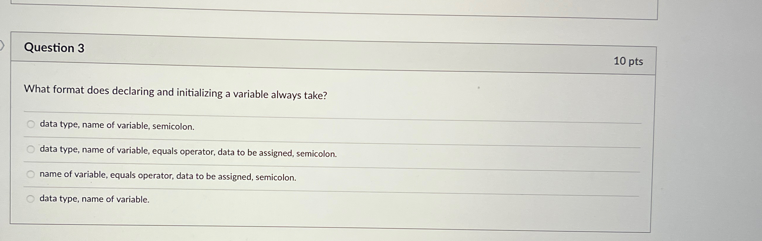 Solved Question 310 ﻿ptsWhat format does declaring and | Chegg.com