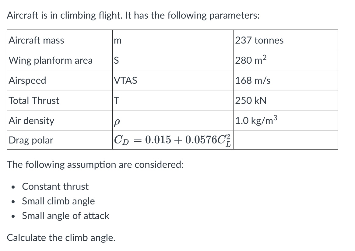 Solved Aircraft is in climbing flight. It has the following | Chegg.com
