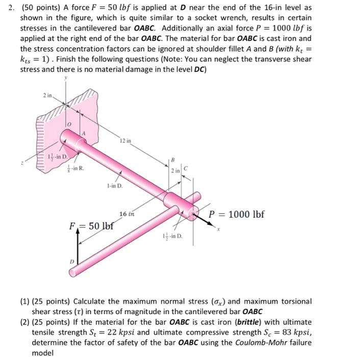 Solved 2. (50 points) A force F = 50 lbf is applied at D | Chegg.com Solved 2. (50 points) A force F = 50 lbf is applied at D | Chegg.com