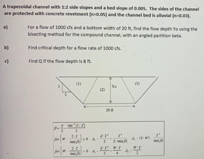 Solved A trapezoidal channel with 1:2 side slopes and a bed | Chegg.com
