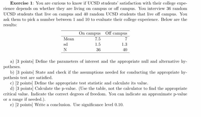 Solved Exercise 1: You are curious to know if UCSD students' | Chegg.com
