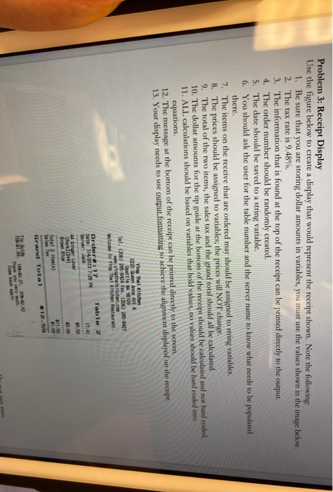 Solved Problem 3: Receipt Display Use the figure below to | Chegg.com