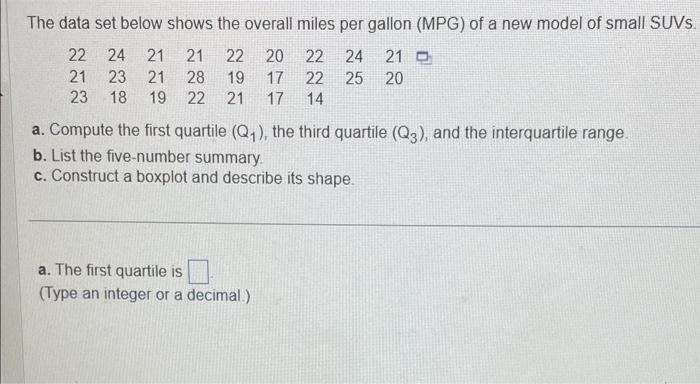 Solved The data set below shows the overall miles per gallon | Chegg.com