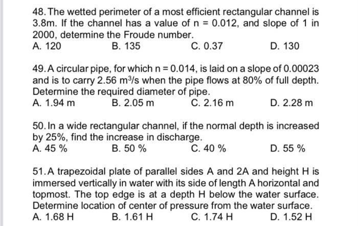 Solved 48. The wetted perimeter of a most efficient | Chegg.com