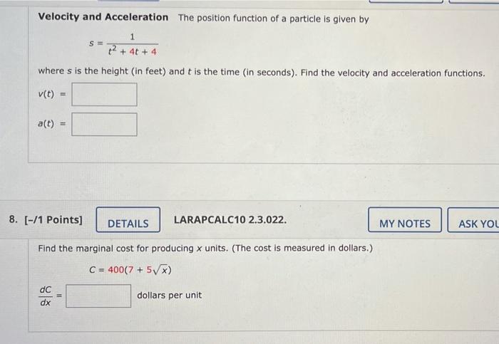 Solved Velocity and Acceleration The position function of a | Chegg.com