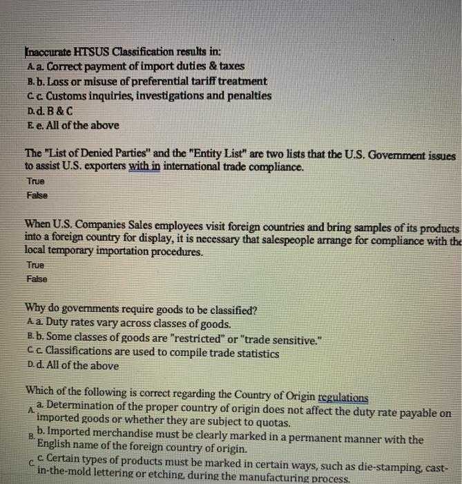 Solved Inaccurate HTSUS Classification results in: A. a. | Chegg.com