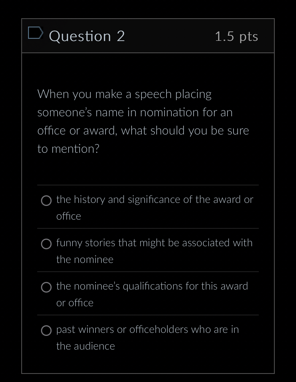 Solved Question 21.5 ﻿ptsWhen you make a speech placing | Chegg.com