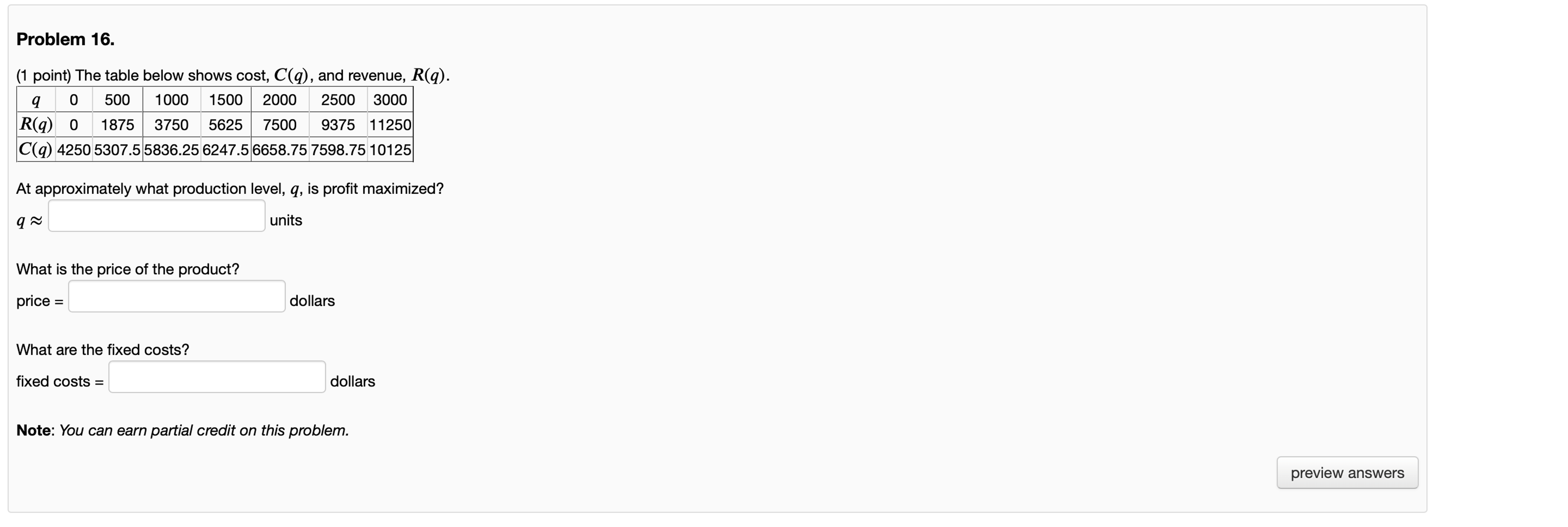 Solved Problem 16.(1 ﻿point) ﻿The table below shows cost, | Chegg.com