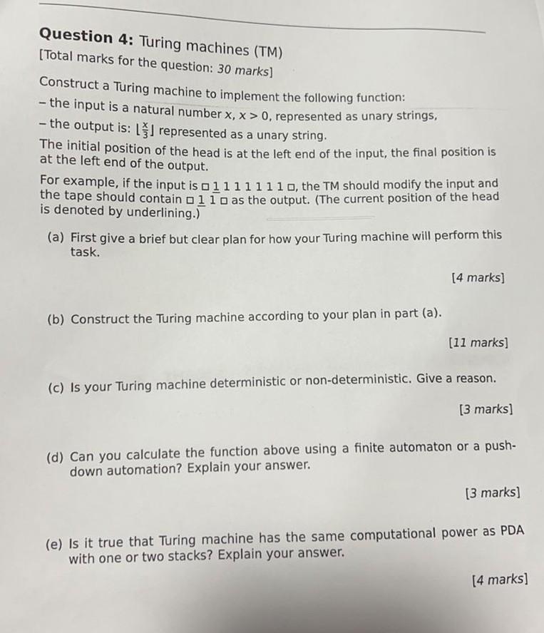 Question 4: Turing machines (TM) [Total marks for the | Chegg.com