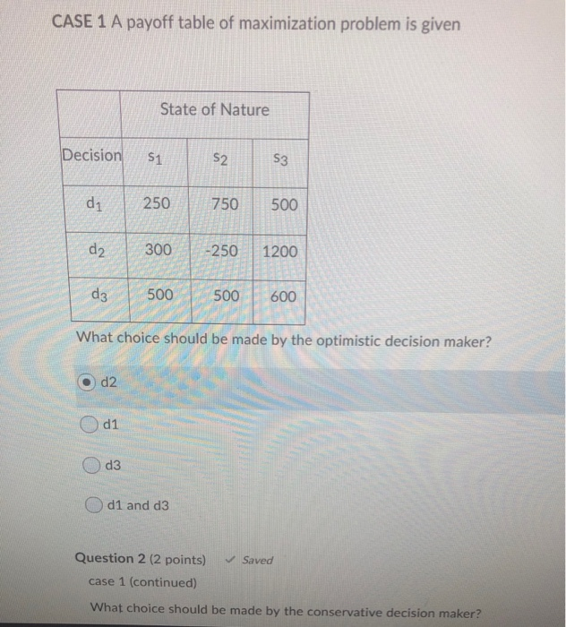 Solved CASE 1 A payoff table of maximization problem is | Chegg.com
