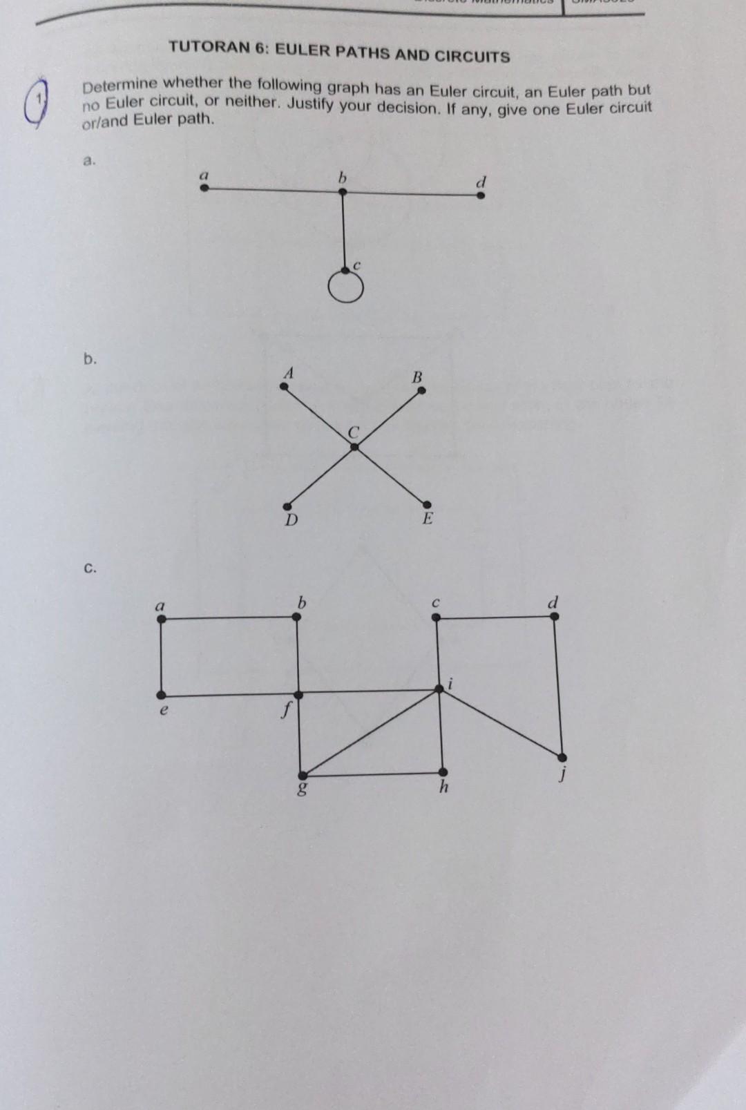 Solved O TUTORAN 6: EULER PATHS AND CIRCUITS Determine | Chegg.com Solved O TUTORAN 6: EULER PATHS AND CIRCUITS Determine | Chegg.com