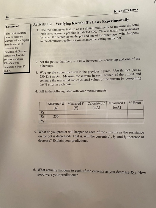 Kirchoff's Laws Part I Activity 1.1 Applying the Loop | Chegg.com