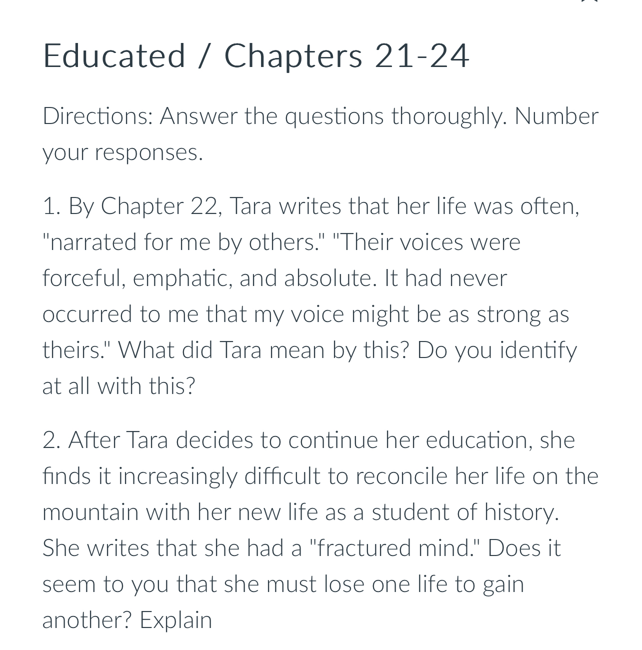 Solved Educated / ﻿Chapters 21-24Directions: Answer the | Chegg.com