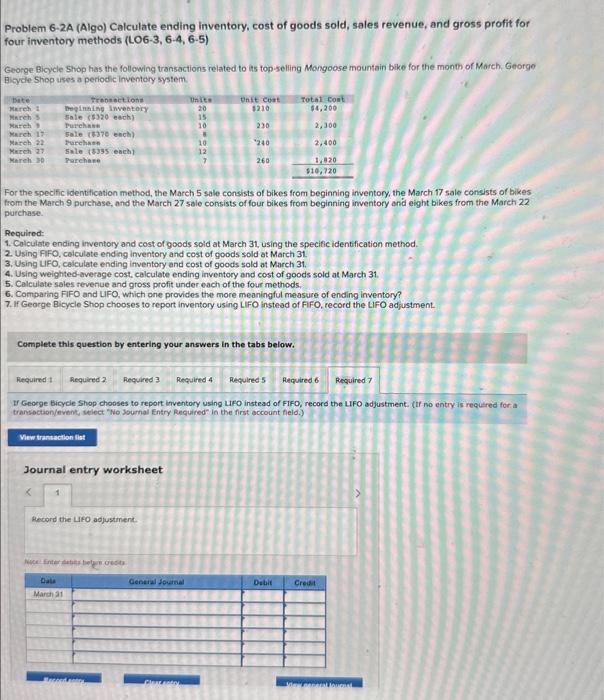 Solved 6-5 do journel entry just for this. record the lifo | Chegg.com