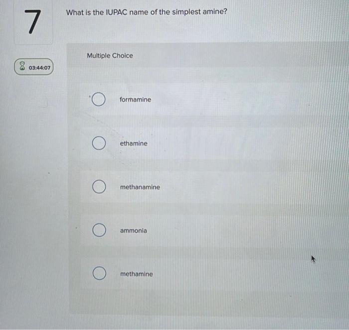 Solved What is the IUPAC name of the simplest amine? | Chegg.com