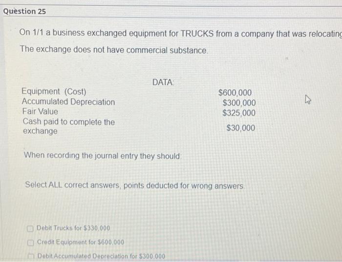 Solved Question 25 On 1/1 a business exchanged equipment for | Chegg.com