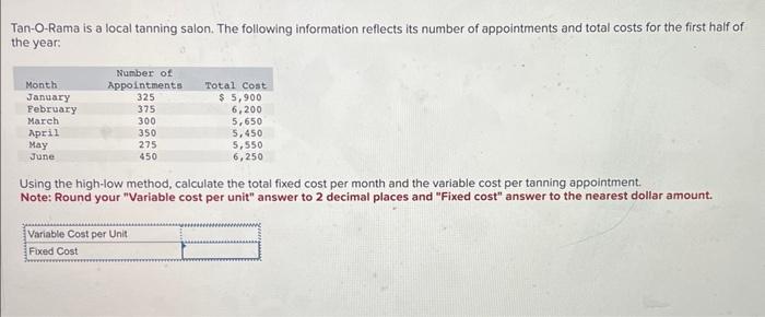 Solved Tan-O-Rama is a local tanning salon. The following | Chegg.com