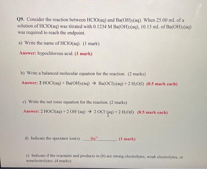 Solved Q9. Consider the reaction between HClO(aq) and | Chegg.com