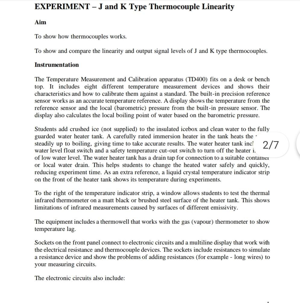 EXPERIMENT - J and K Type Thermocouple Linearity Aim | Chegg.com