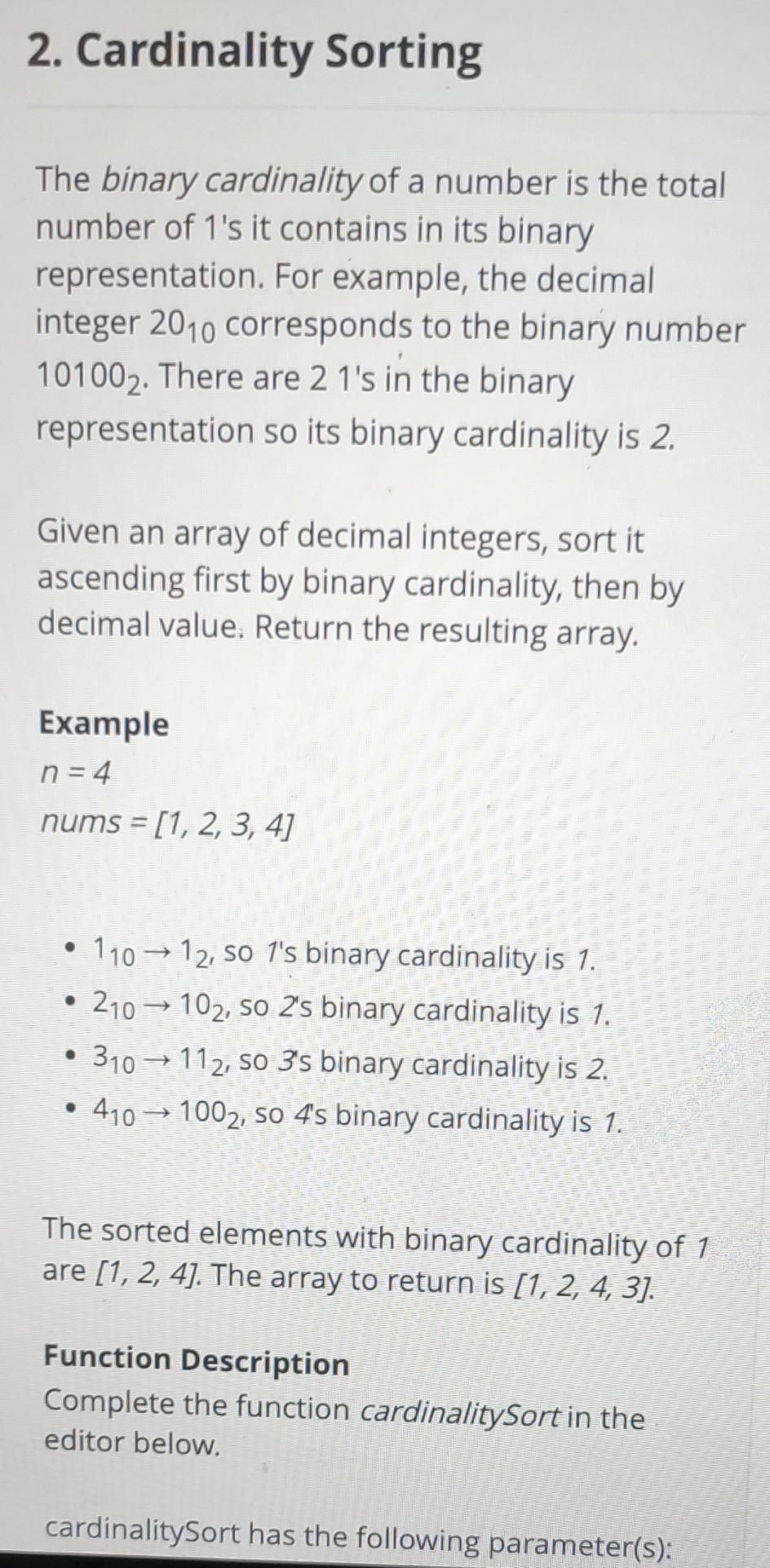 Solved 2. Cardinality Sorting The binary cardinality of a | Chegg.com
