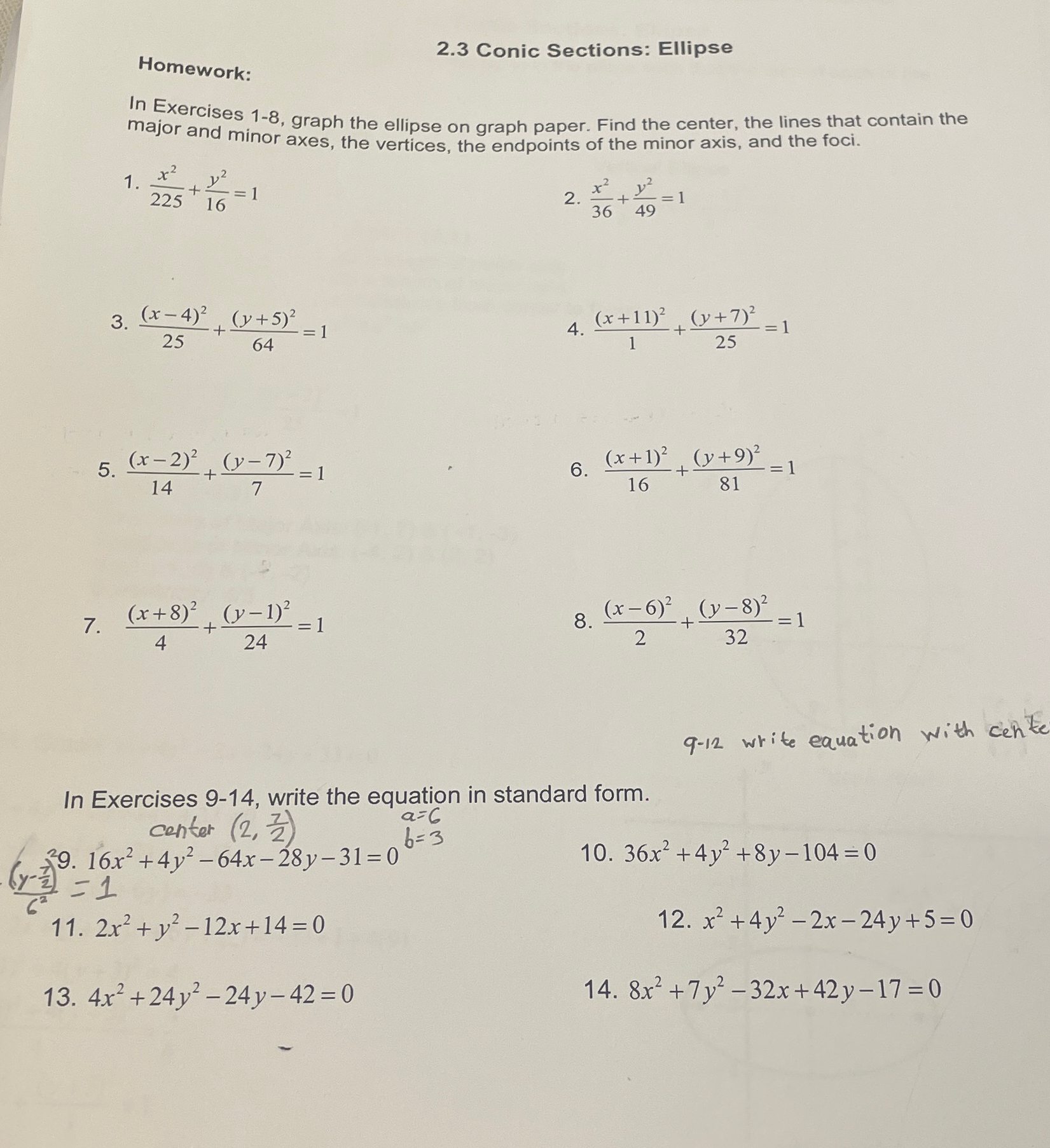 Solved 2.3 ﻿Conic Sections: EllipseHomework:In Exercises | Chegg.com