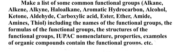 Solved Make a list of some common functional groups (Alkane, | Chegg.com
