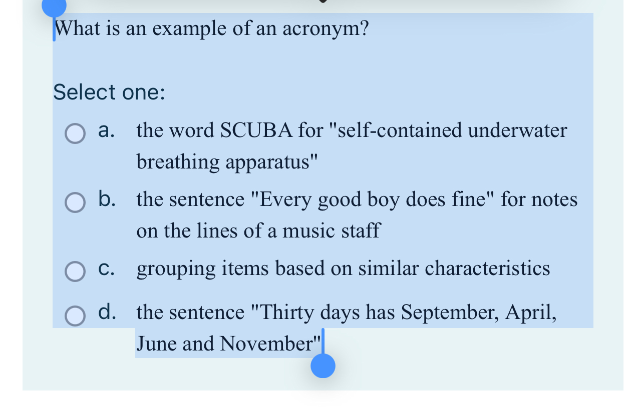 Solved What is an example of an acronym?Select onea. ﻿the | Chegg.com