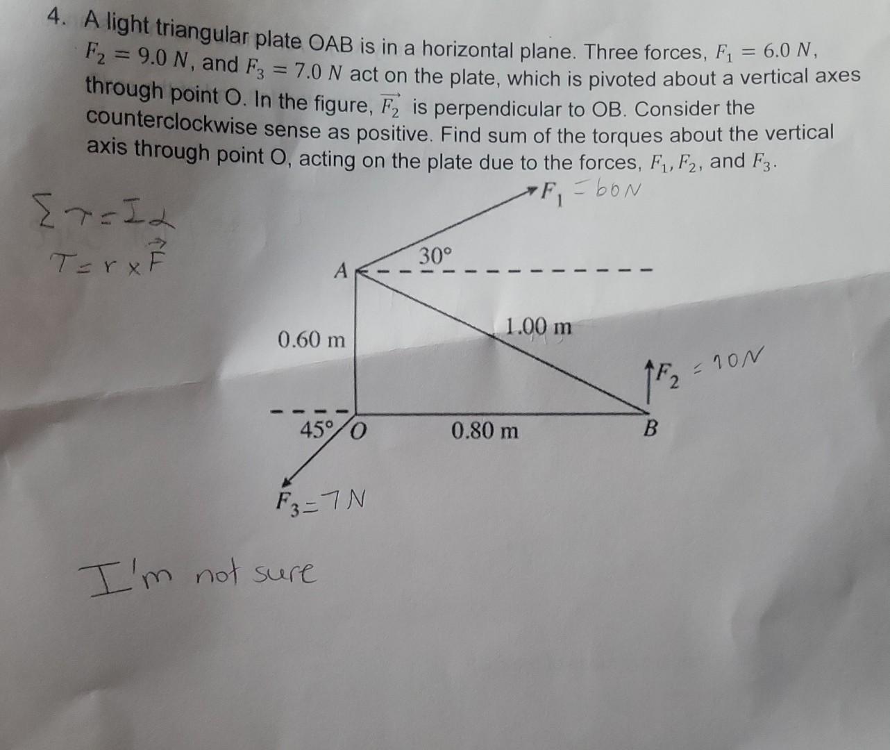 Solved 4. A light triangular plate OAB is in a horizontal | Chegg.com