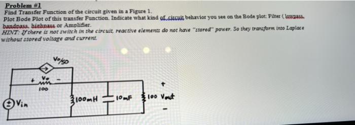 Solved Problem Find Transfer Function of the circuit given | Chegg.com