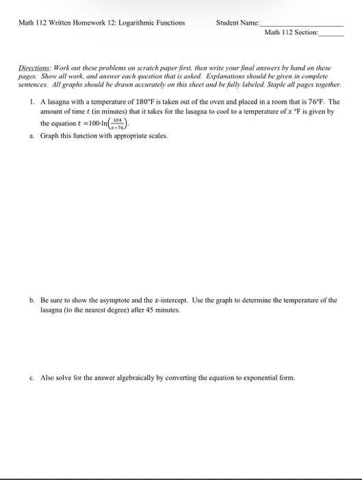 Solved Math 112 Written Homework 12: Logarithmic Functions | Chegg.com