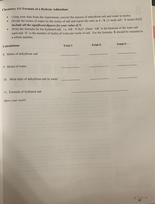 Solved . Chemistry 111 Formula of a Hydrate Addendum Using | Chegg.com